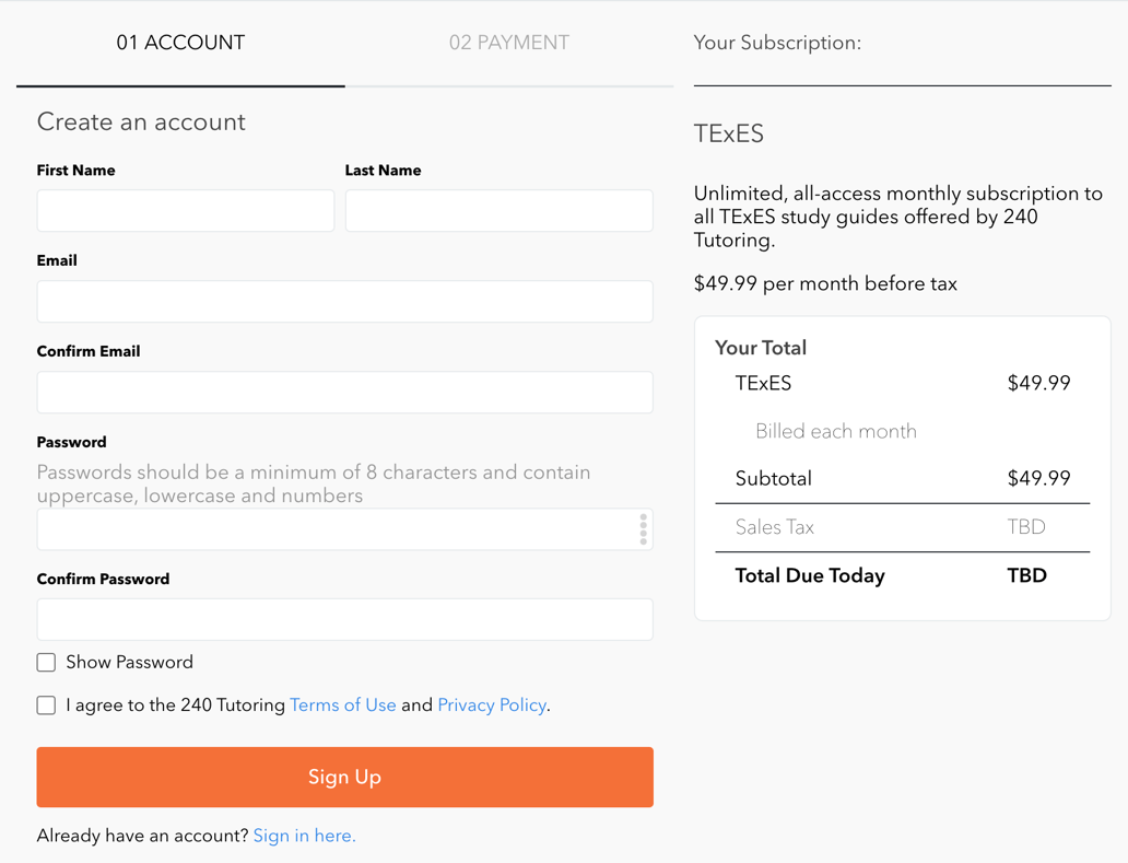 Initial 240 Tutoring Subscription Process
